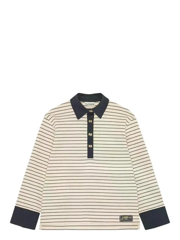 GANNI Striped Long-sleeve Polo Shirt - Neutrals