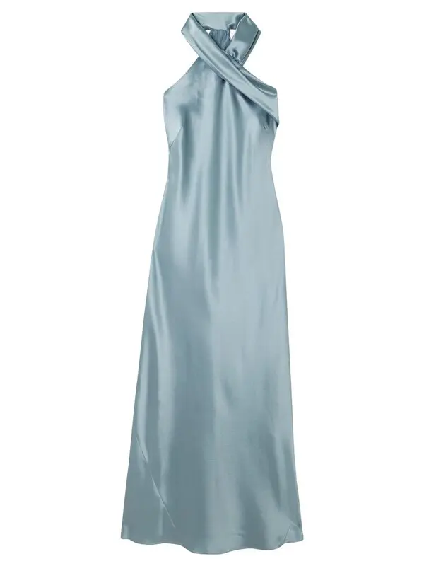 Galvan Pandora Satin Halterneck Midi Dress - Blue