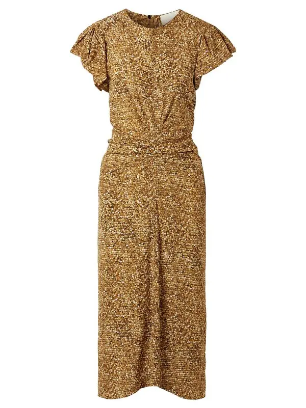 Isabel Marant Terena Gathered Printed Stretch-silk Crepe De Chine Midi Dress - Brown