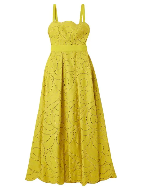 Elie Saab Belted Pleated Embroidered Cotton-blend Twill Gown - Yellow