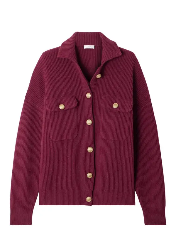 Brunello Cucinelli Ribbed Wool, Cashmere And Silk-blend Cardigan - Burgundy