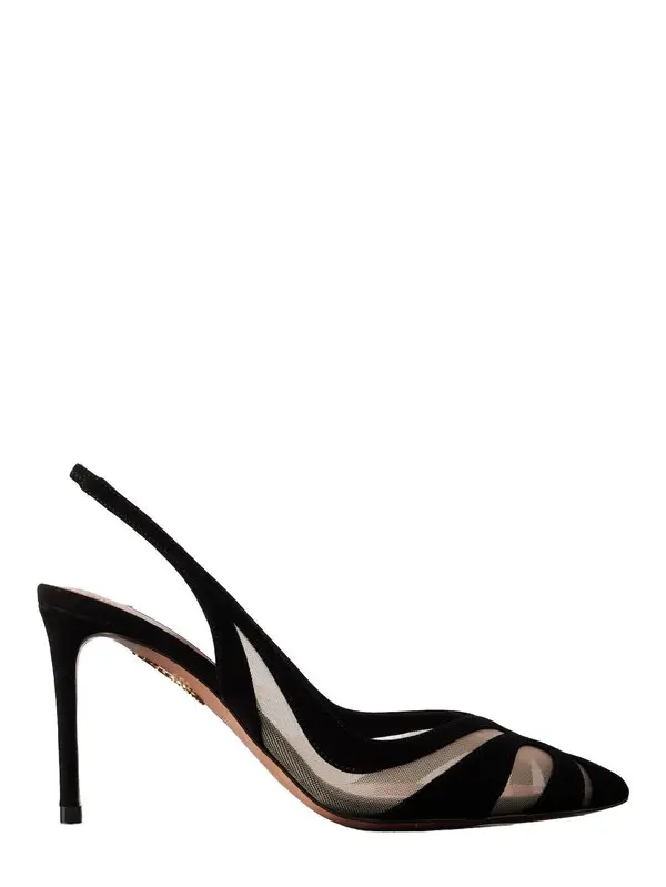AQUAZZURA Lune 85 Mesh-trimmed Suede Slingback Pumps - Black