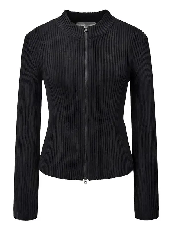 AMOMENTO Mock-neck Ribbed Cardigan - Black