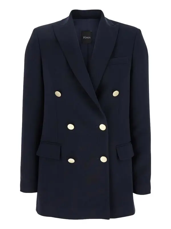 PLAIN Cady Double-breasted Jacket With Golden Buttons - Blue