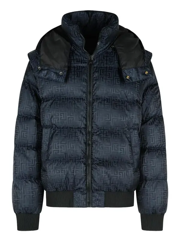 Balmain Short Nylon Jacquard Down Jacket With Monogram - Black