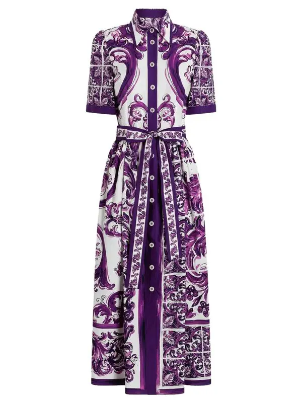 Dolce & Gabbana Maiolica Print Cotton Shirtdress - Purple