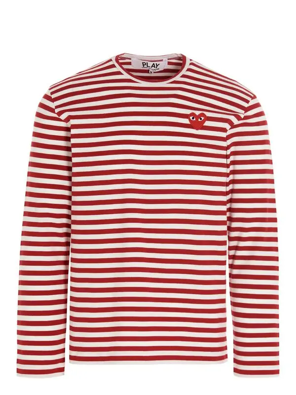 Play Comme Des Garcon Logo Patch Stripes T Shirt - Red