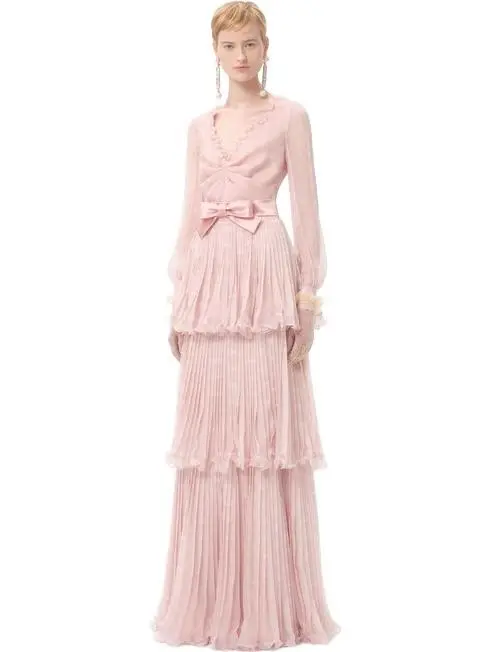 Valentino Garavani Long Dress In Creponne Chiffon With Plus De Pois Print - Natural