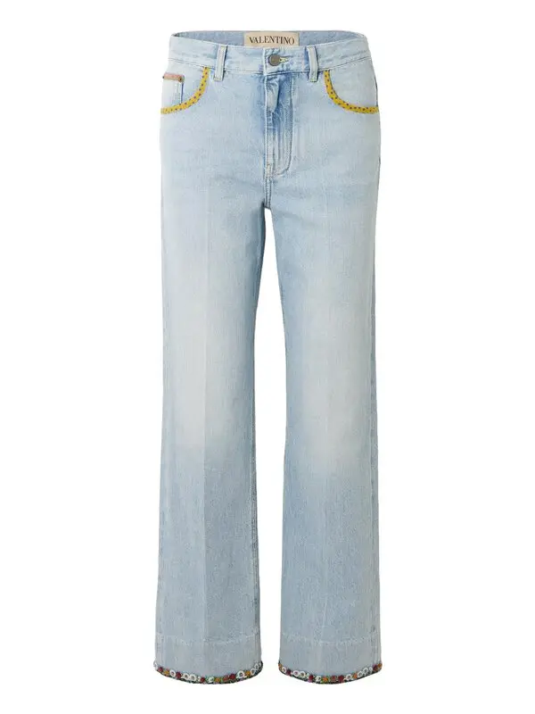 Valentino Garavani Embellished Printed Chiffon-trimmed Mid-rise Straight-leg Jeans - Blue