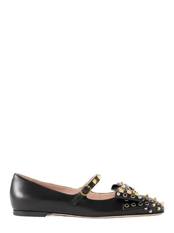 Valentino Garavani Bowow Embellished Leather Mary Jane Ballet Flats - Black