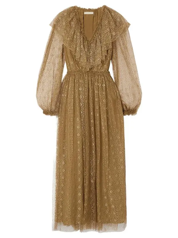 Ulla Johnson Helena Ruffled Metallic Lace Midi Dress - Gold
