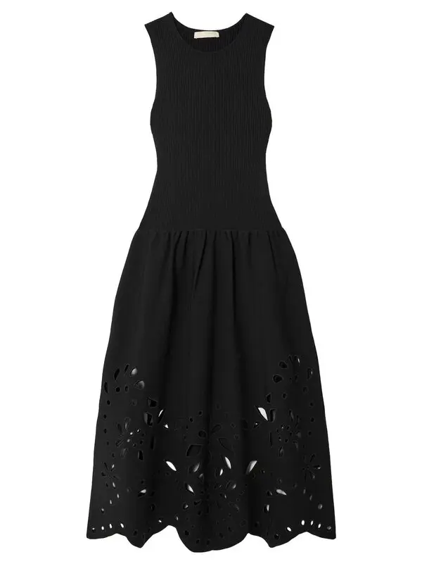 Ulla Johnson Rosaline Ribbed-knit And Broderie Anglaise Jersey Midi Dress - Black