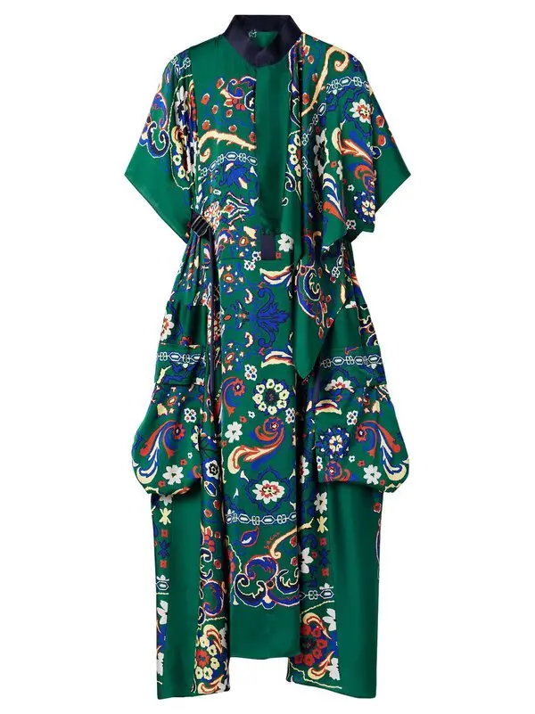 Sacai Draped Printed Satin Midi Dress - Green