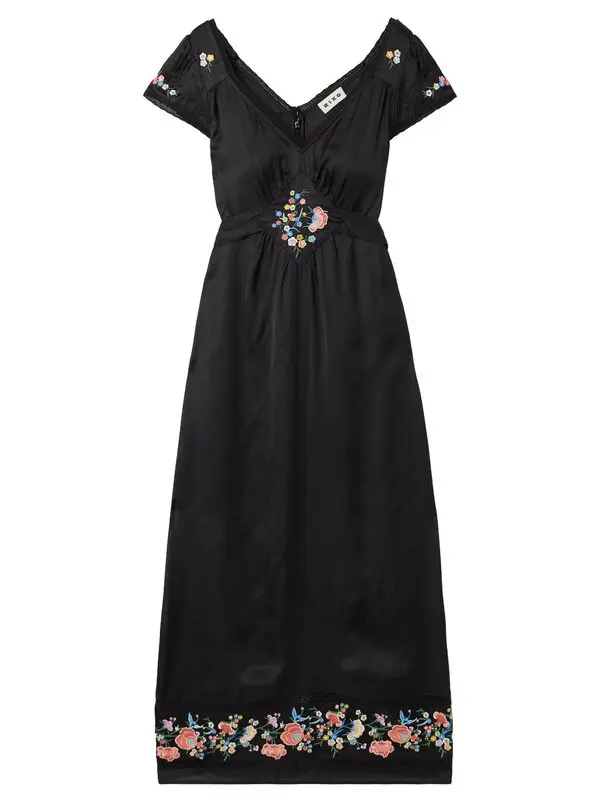 Rixo Carey Lace-trimmed Embroidered Satin Midi Dress - Black
