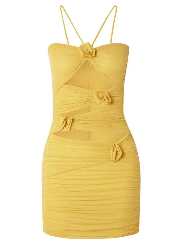 MAYGEL CORONEL Coari Appliquéd Ruched Cutout Halterneck Mini Dress - Yellow
