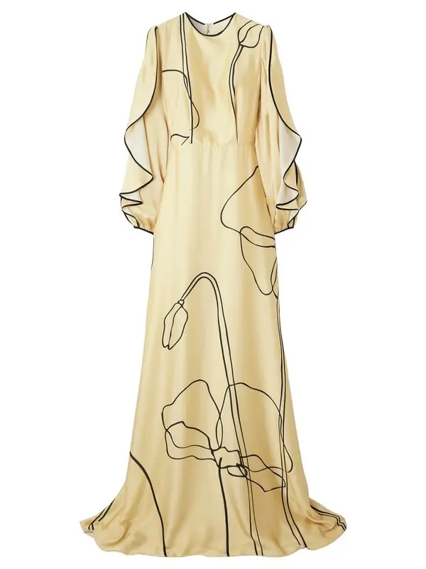 Costarellos Priela Ruffled Floral-print Satin Gown - Gold
