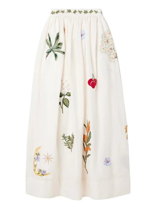 Agua Bendita Tangelo Appliquéd Embroidered Linen Maxi Skirt - Neutrals