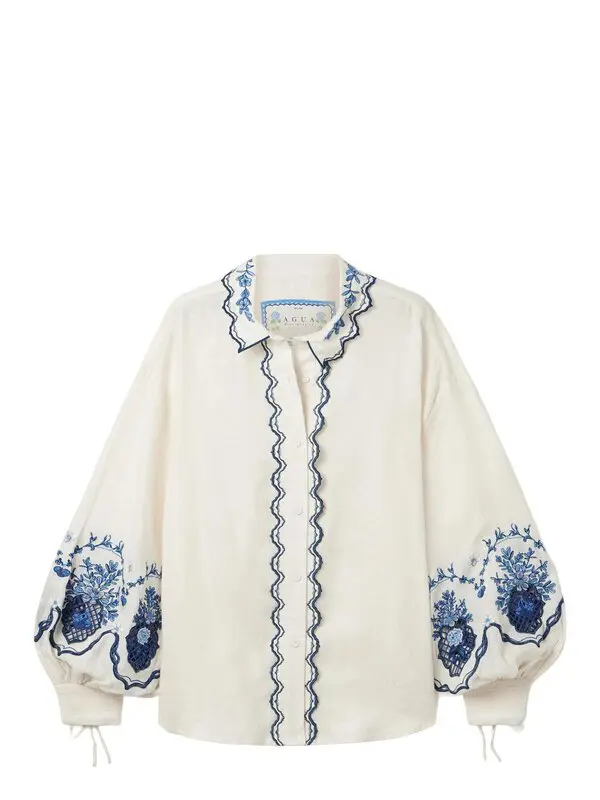 Agua Bendita Abadía Appliquéd Embroidered Linen Shirt - Cream