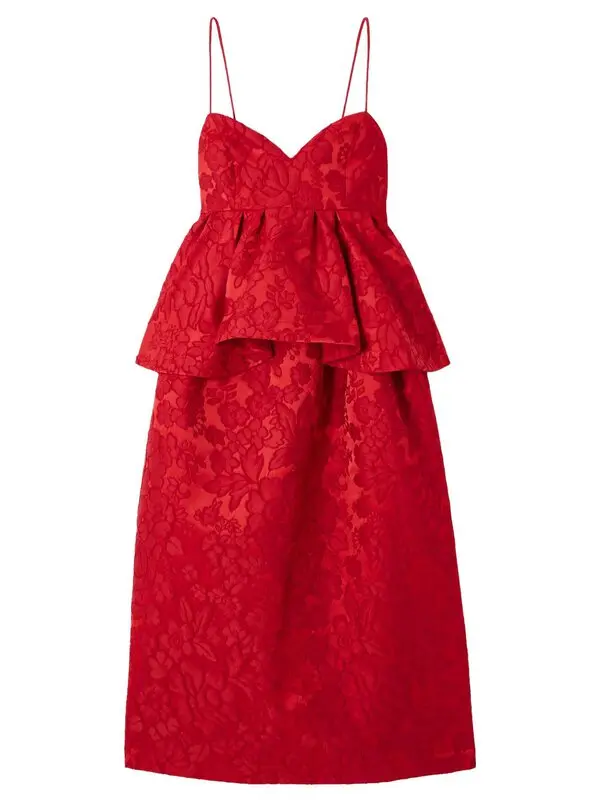 La DoubleJ Floral-jacquard Matelassé Peplum Midi Dress - Red