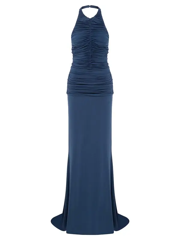 Ila Rami Ruched Satin Maxi Halter Dress - Blue