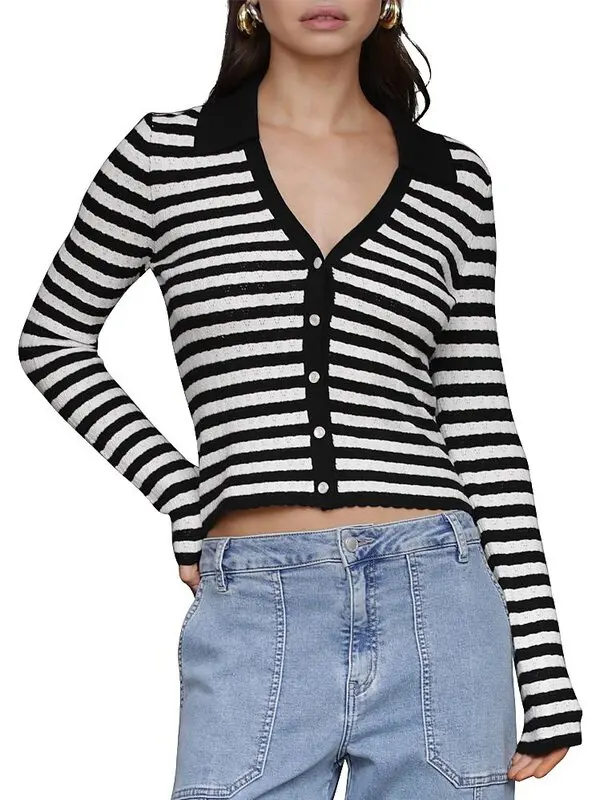 Avec Les Filles Striped Polo Cardigan - Black/cream