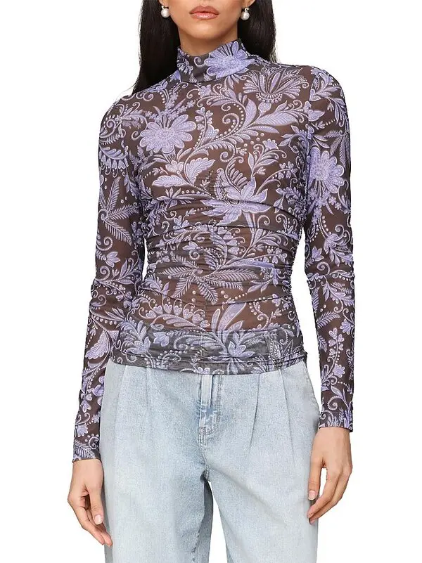 Avec Les Filles Mock Neck Ruched Top - Midnight Floral