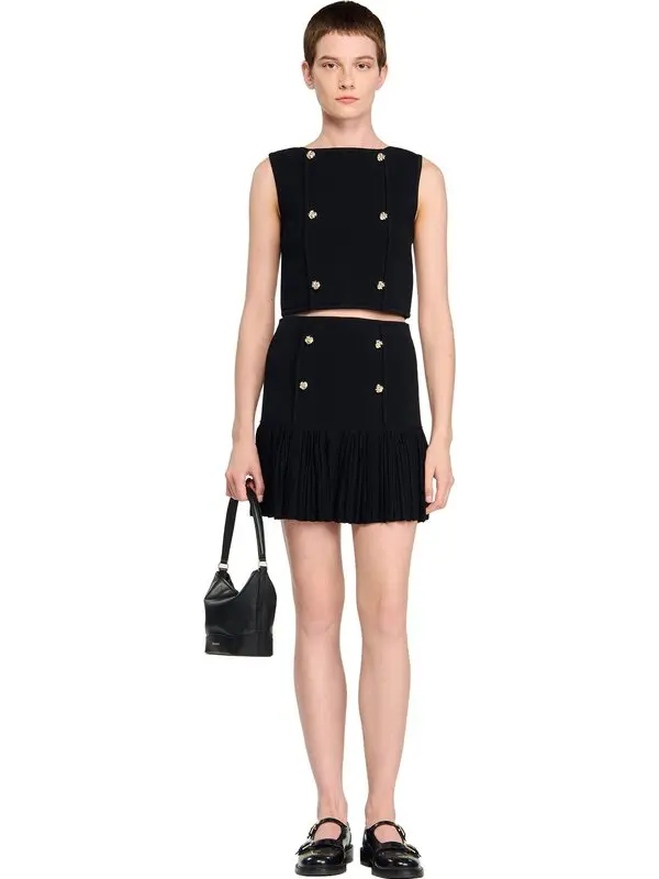 Sandro Sleeveless Knit Crop Top With Button Detail - Black