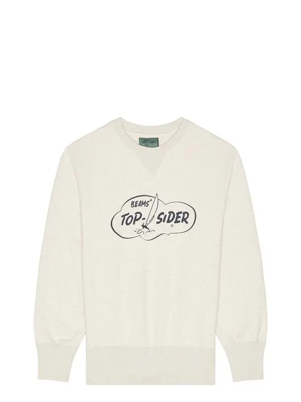 BEAMS Sweat Crew Print In Cream - Oatmeal