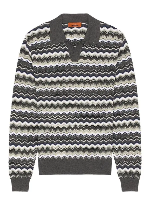 Missoni Long Sleeve Polo In Grey - Grey & Beige