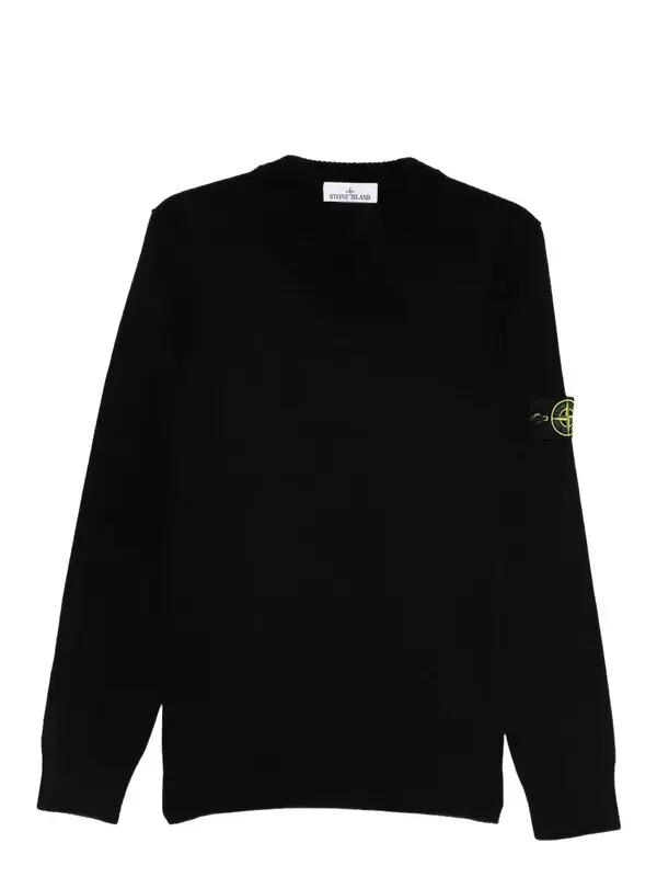 Stone Island V-neck Sweater With Logo Badge - Black