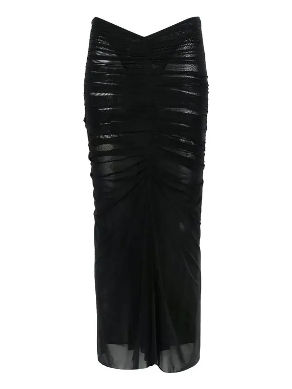 MUGLER Ruched Mesh Midi Skirt - Black