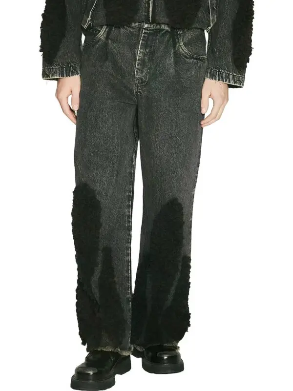SONG FOR THE MUTE Frayed-hem Shearling-panel Jeans - Black