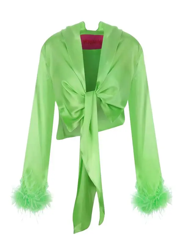 VERGUENZA Feather-trimmed Knotted Blouse - Green