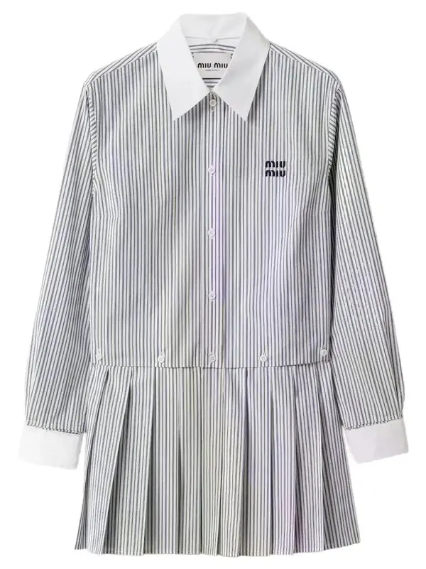 Miu Miu Pleated Striped Mini Shirt Dress - White