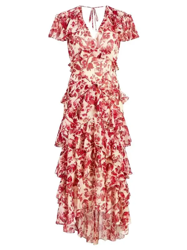 Cinq À Sept Floral Ruffled Midi Dress - Red