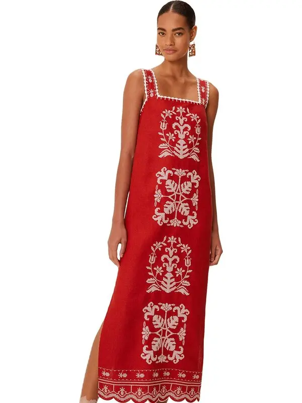 Farm Rio Tropical Cross Stitch Embroidered Linen Midi Dress - Tropical Cross Stitch Embroidered Red