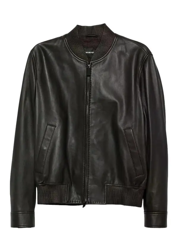 Emporio Armani Leather Bomber Jacket - Brown
