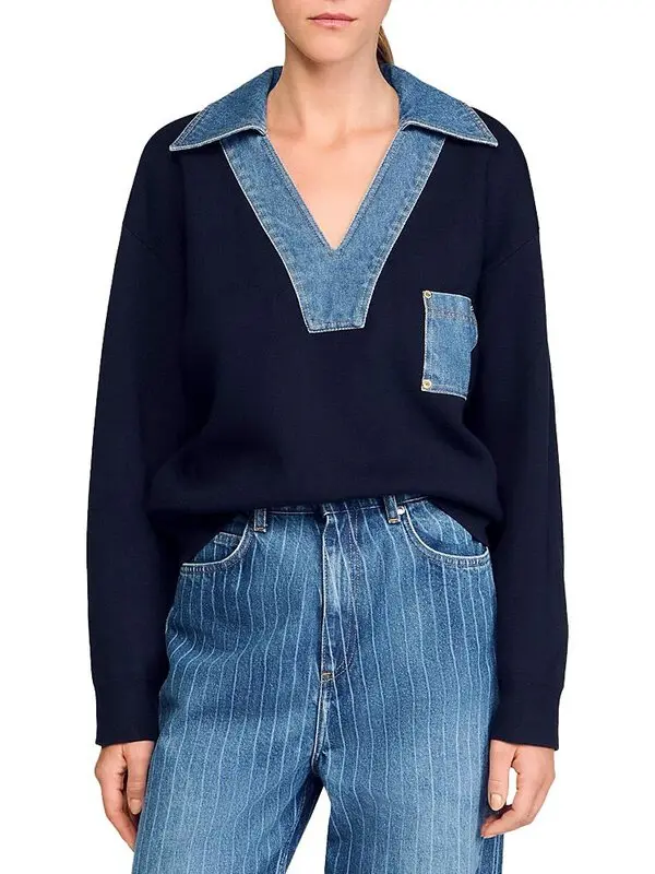 Sandro Sweater With Denim Details - Navy Blue