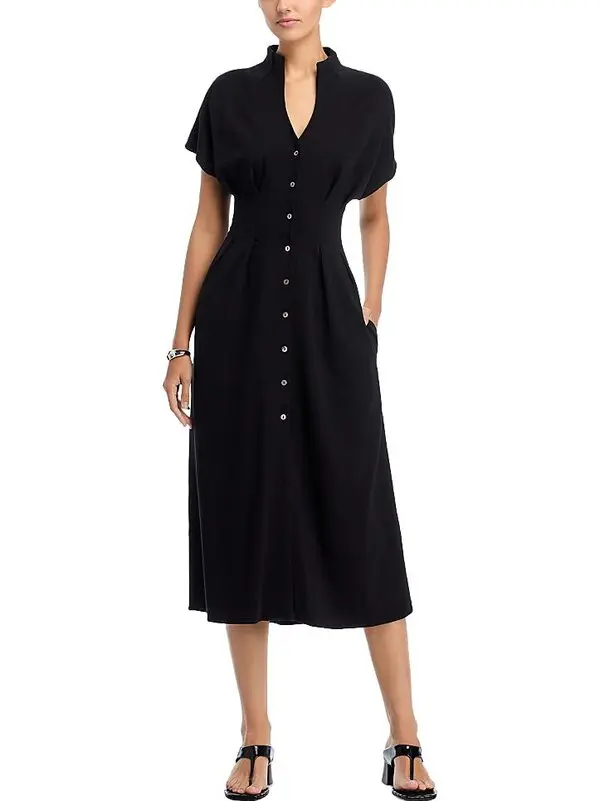 Misook Mock Neck Button Front Midi Dress - Black
