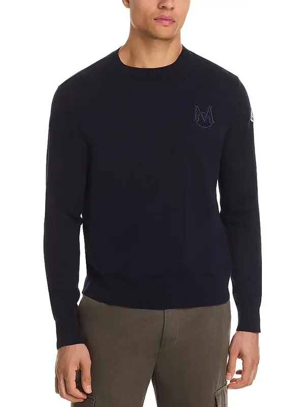 Moncler Embroidered Monogram Cotton Crewneck Sweater - Navy