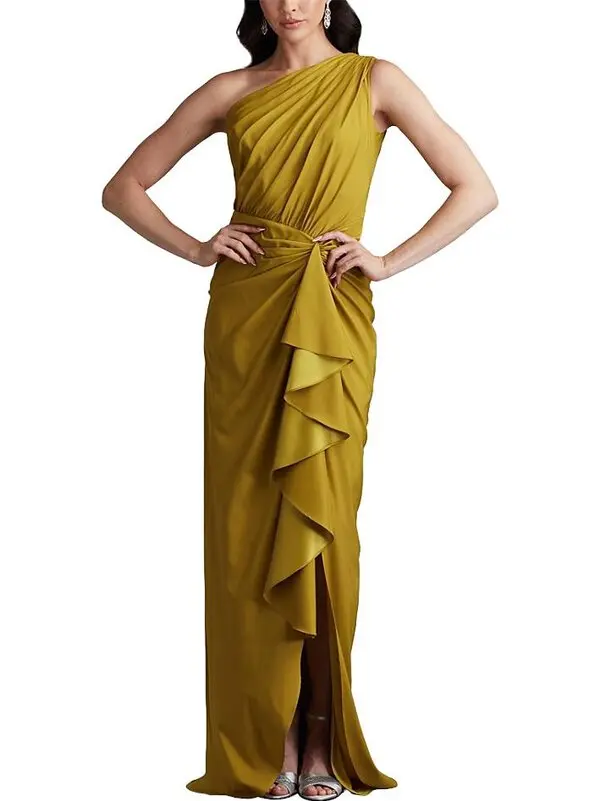 Tadashi Shoji Lena Waterfall Drape Gown - Olive Green