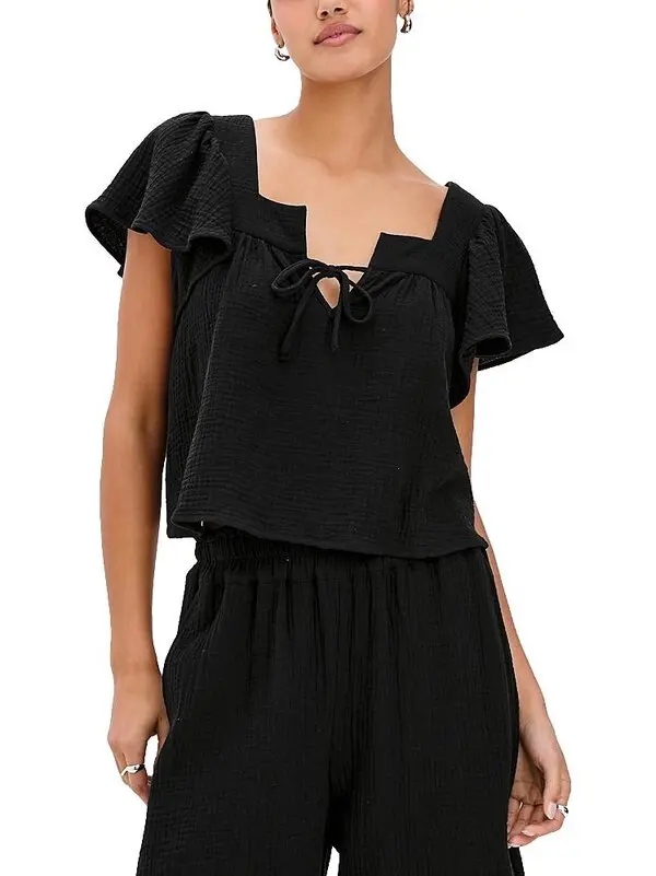 Rails Casie Split Neck Flutter Sleeve Top - Black