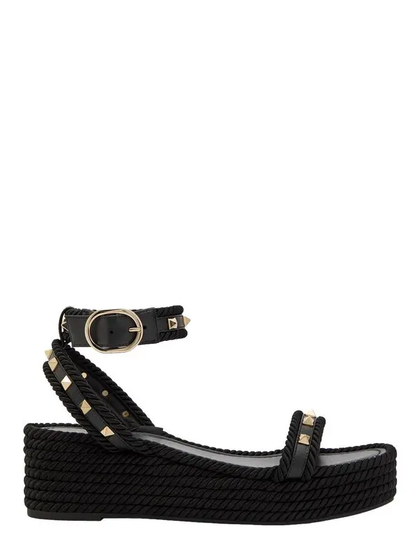 Valentino Garavani Rockstud Torchon Espadrille Wedge Sandals - Black