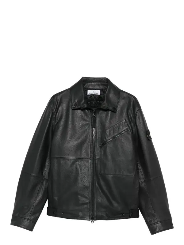Stone Island Panelled Zip-fastening Leather Jacket - Black