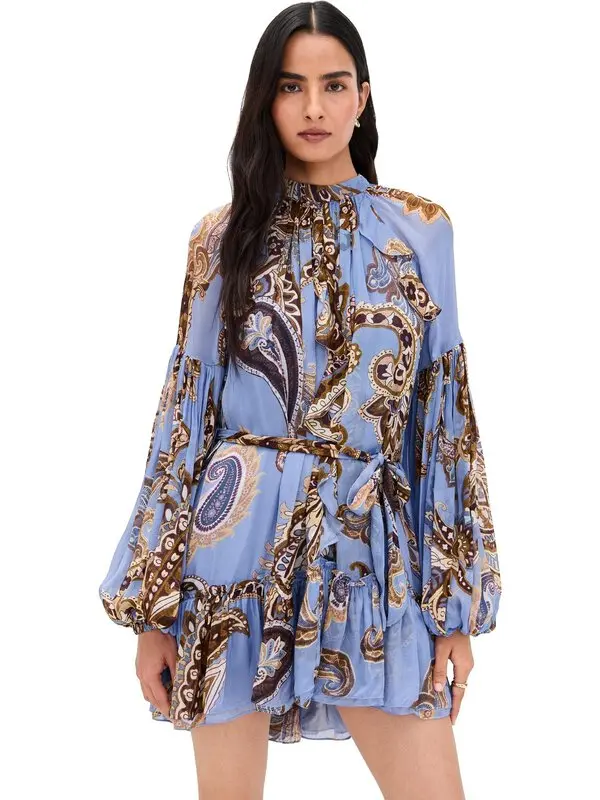 Hemant & Nandita Paisley Ruffle Mini Dress - Cornflour Blue