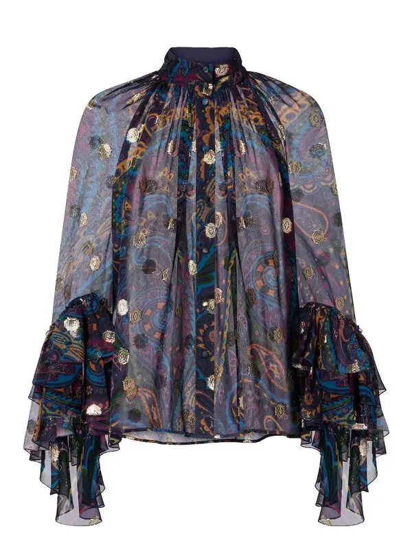 Etro Paisley Silk Metallic Blouse - Blue