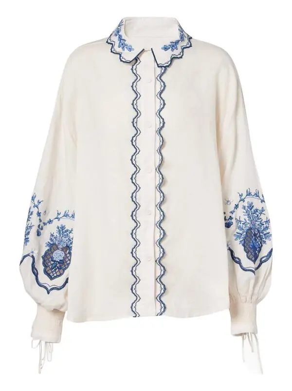 Agua Bendita Abadía Wild Floral Linen Blouse - White