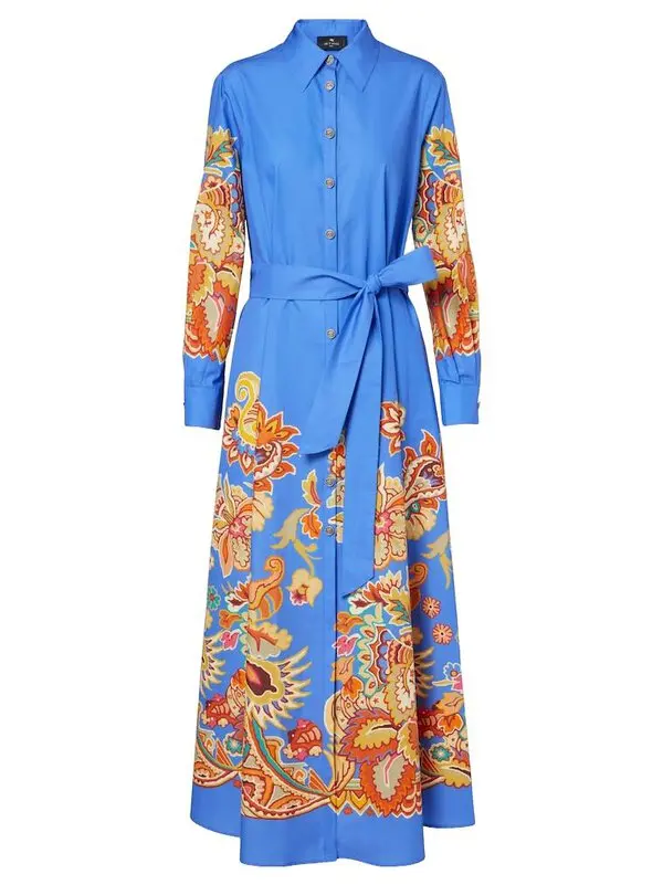 Etro Belted Paisley Cotton Maxi Dress - Blue