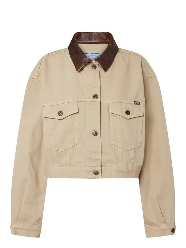 Prada Cropped Denim Jacket With Leather Trim - Beige