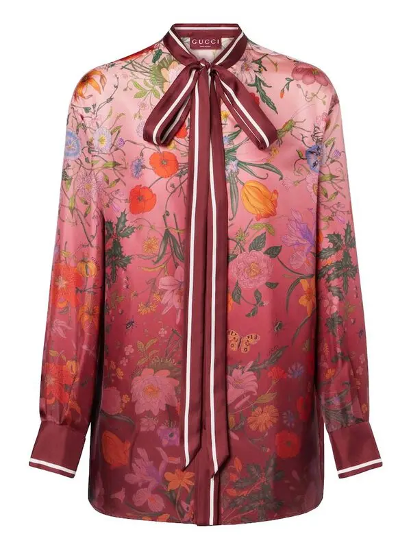 Gucci Floral Silk Tie-neck Shirt - Pink